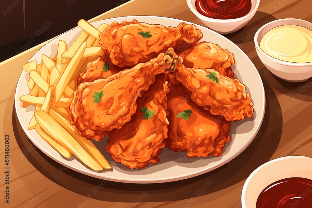 Fried chicken illustration in flat design top view southern cuisine ...