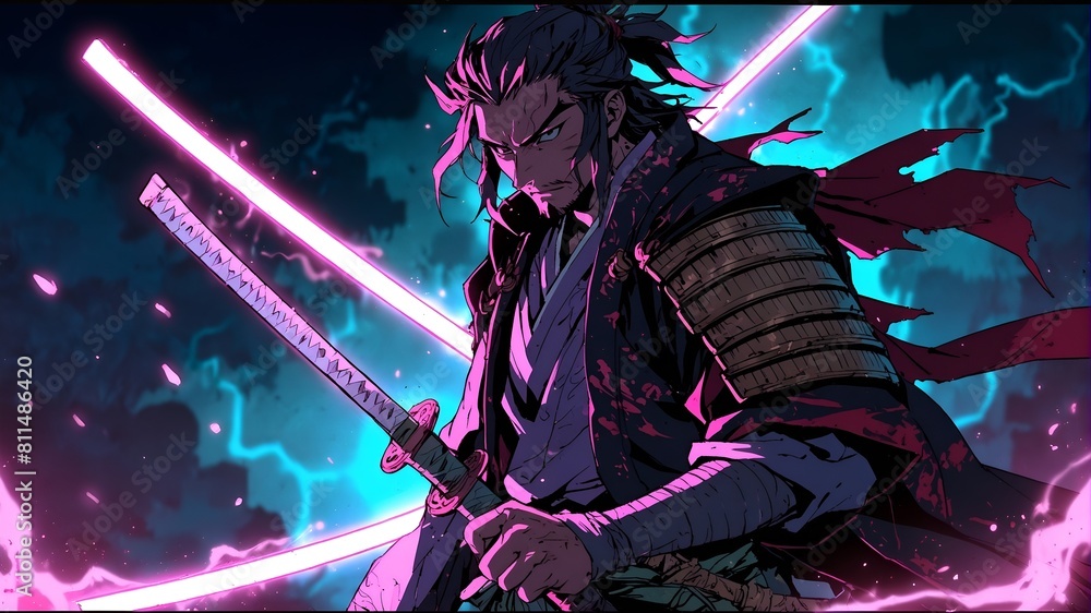 A majestic samurai warrior wields lightning sword in traditional yoroi ...