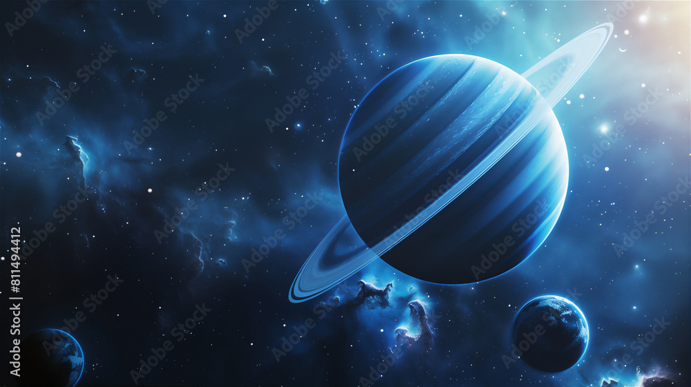 Blue Planet with ring in universe with realistic illustration. Uranus ...
