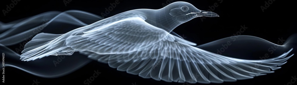 A wireframe model of a bird in flight, capturing the elegance and ...