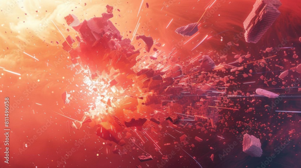 A pixel art animation of a wireframe object breaking apart and ...