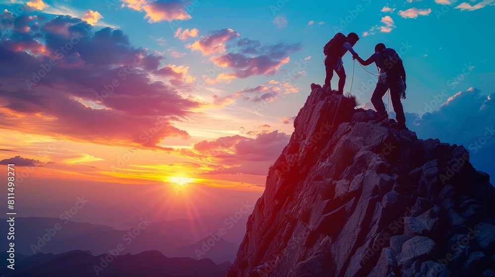 Mountain Climbers Helping Each Other at Sunset. Silhouetted mountain ...
