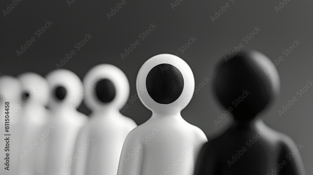 A 3D rendering of a row of white featureless people with a single black ...