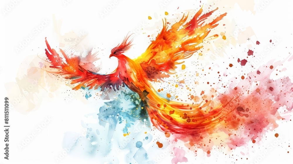 A fantastic watercolor of a mythical phoenix rising from ashes, its ...