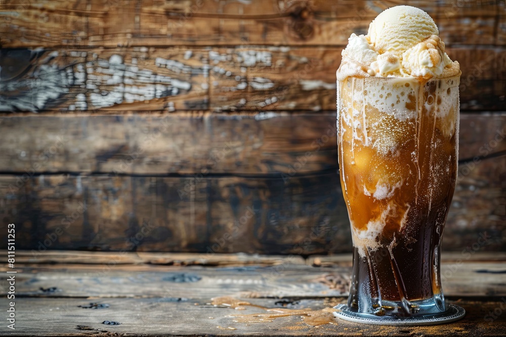 Old Fashioned Frothy Root Beer ice cream float on a rustic wooden ...