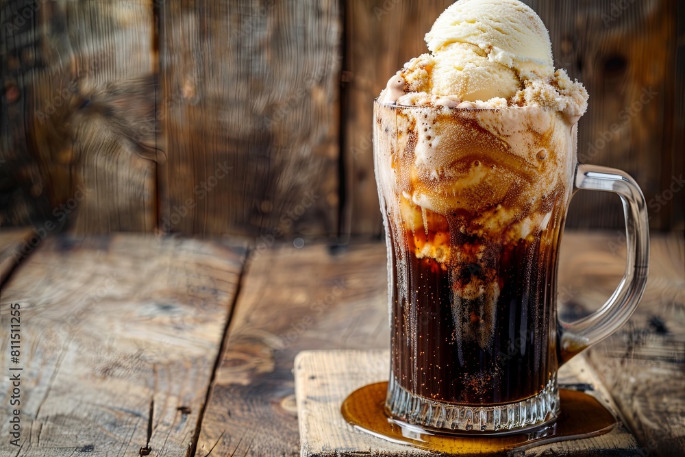 Old Fashioned Frothy Root Beer ice cream float on a rustic wooden ...