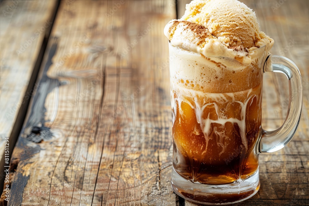Old Fashioned Frothy Root Beer ice cream float on a rustic wooden ...