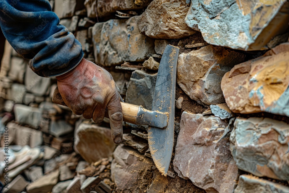 Skilled bricklayer using wood and metal tools to construct stone wall ...