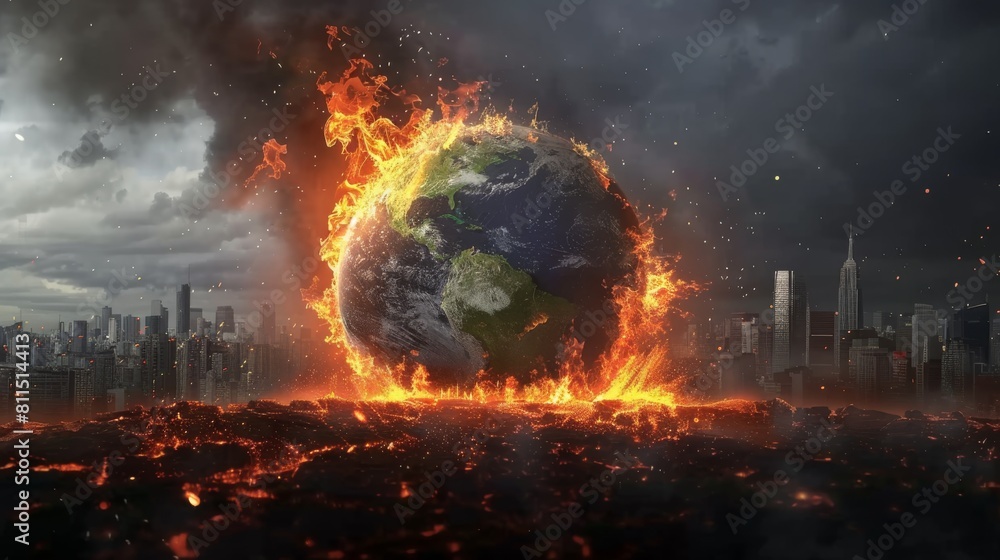 Conceptual Illustration of a Collapsing Earth Globe, Burning and ...