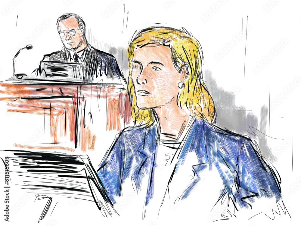 Pastel pencil pen and ink sketch illustration of a courtroom trial ...