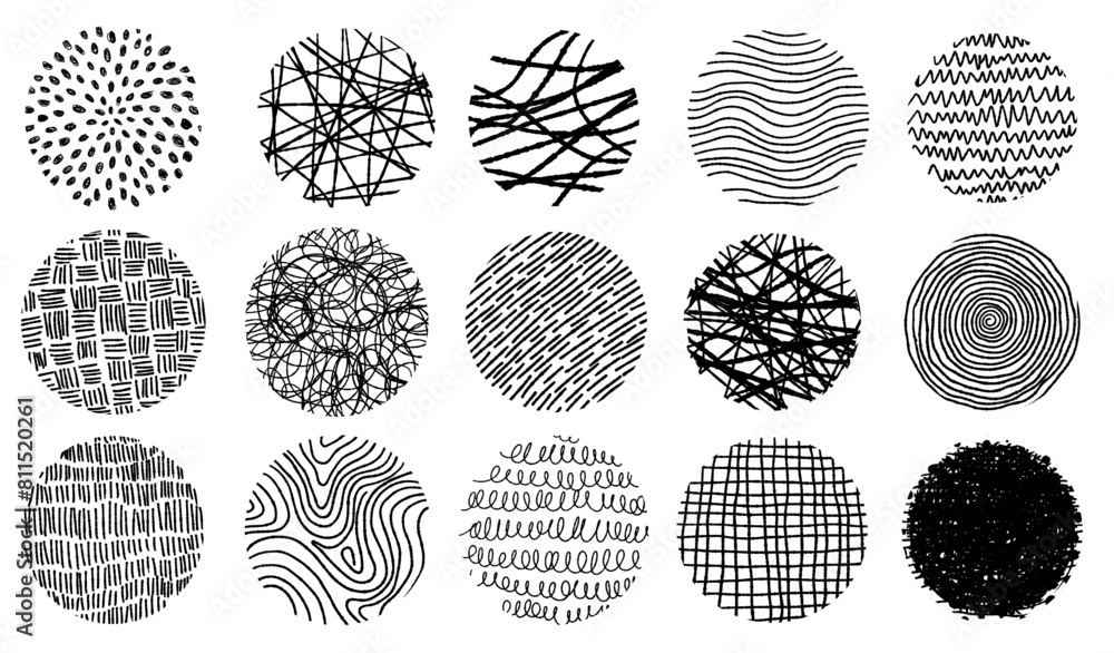 set of round patterns of different shapes of hand drawn doodles ...