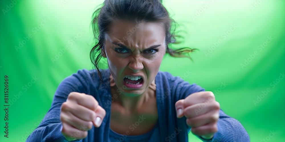 A woman with clenched fists expressing anger in front of a green screen ...