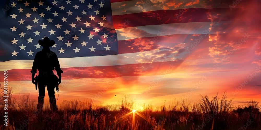 Cowboy silhouette merging with American flag symbolizes rugged ...