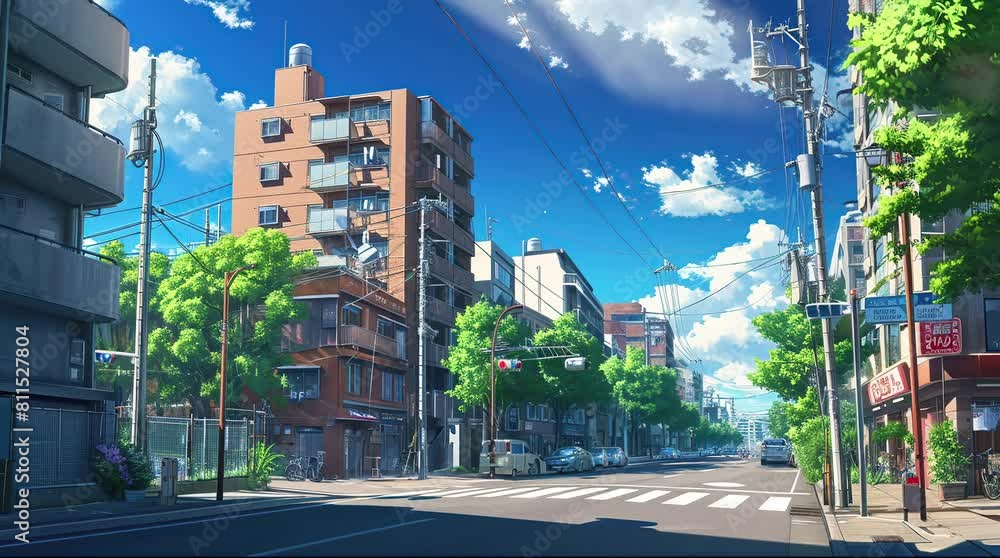 City landscape with buildings and bustling street on a bright sunny day ...