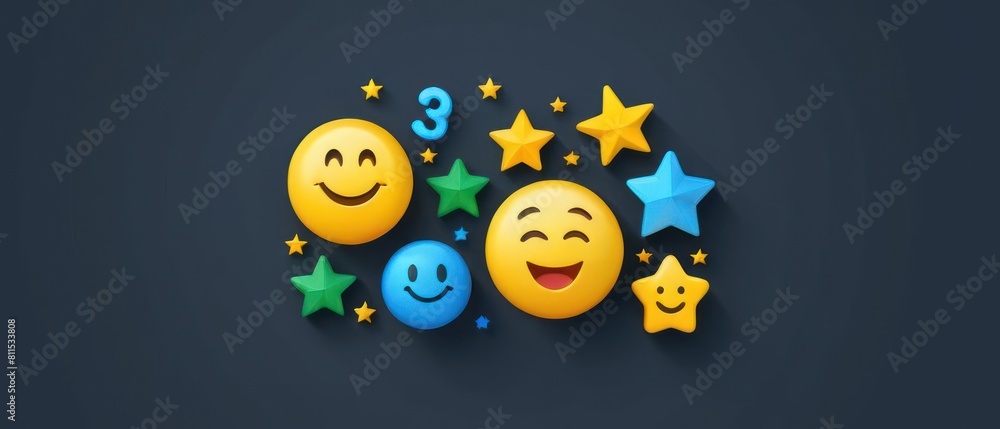 Smiley emoji surrounded by positive symbols, representing feedback ...