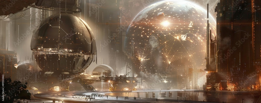 concept art of an urban center with dyson sphere energy collectors ...