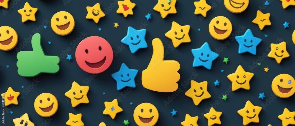 Smiley emoji surrounded by positive symbols, representing feedback ...