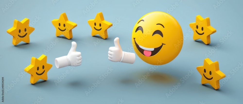Smiley emoji surrounded by positive symbols, representing feedback ...