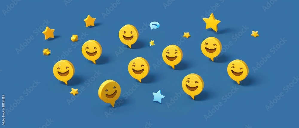 Smiley emoji surrounded by positive symbols, representing feedback ...