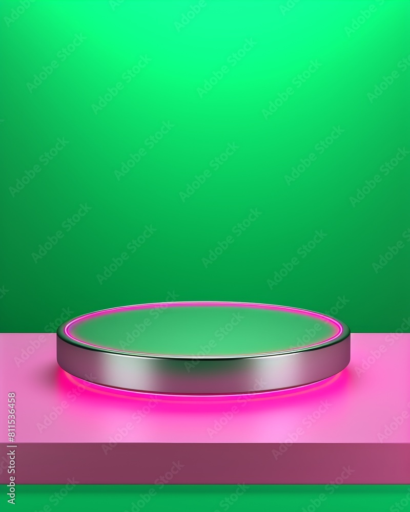 A pink and green stage with a glowing pink neon light under a spotlight ...