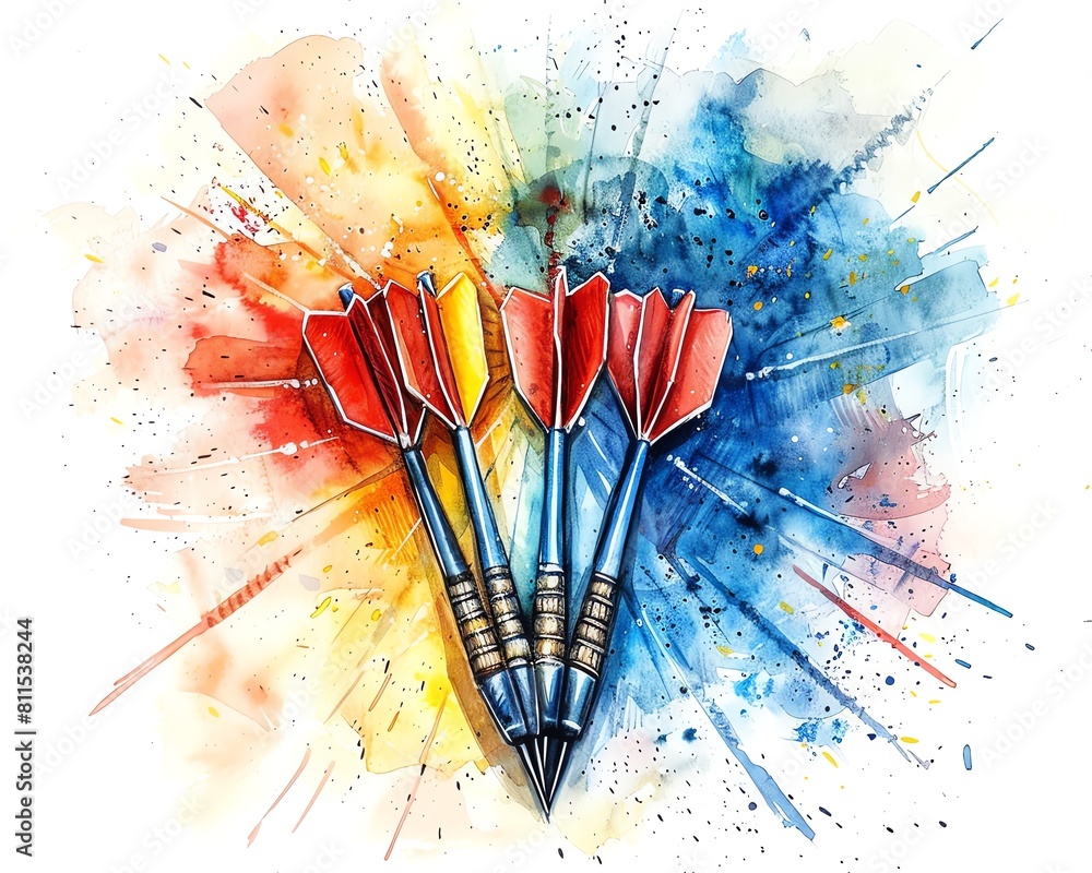 Watercolor painting of three darts hitting the center of a dartboard ...