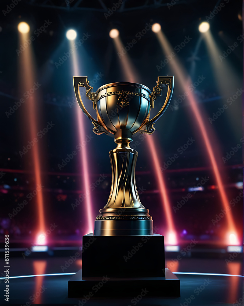 World championship winner cup trophy at sports stadium empty background ...