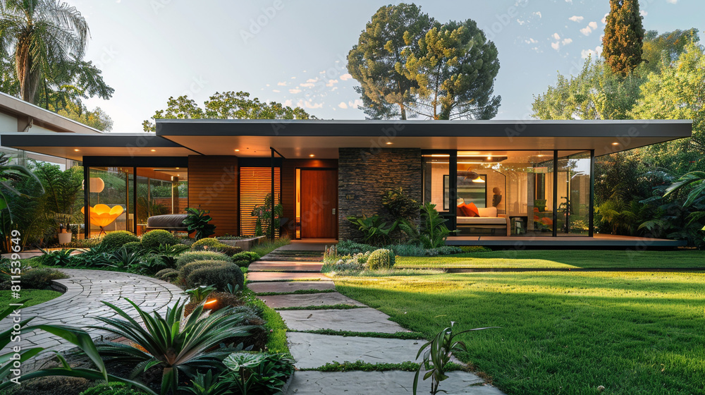 Mid-century modern house with a lush lawn and a curved pathway leading ...