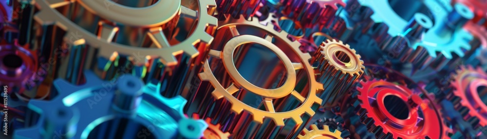 A 3D visualization of a giant gear mechanism with colorful data packets ...