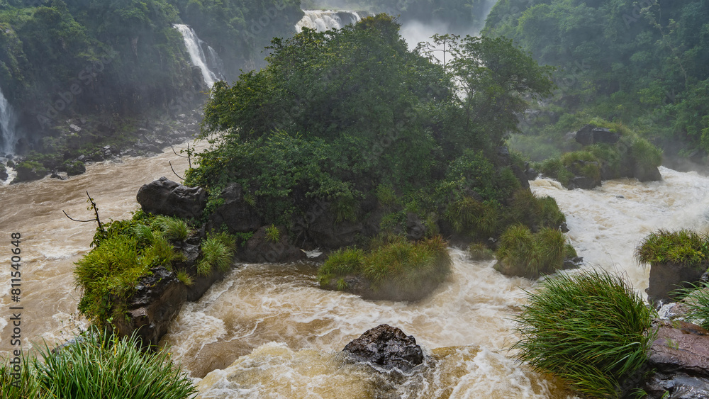 A stormy tropical river. Turbulent streams foam around a small island ...