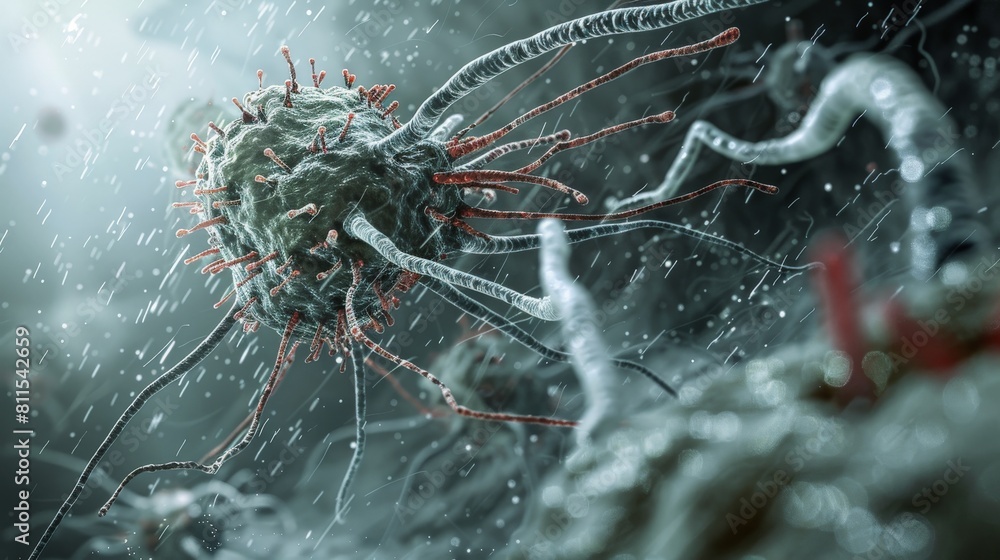 A microscopic image of a bacteriophage virus attacking a bacterial cell ...