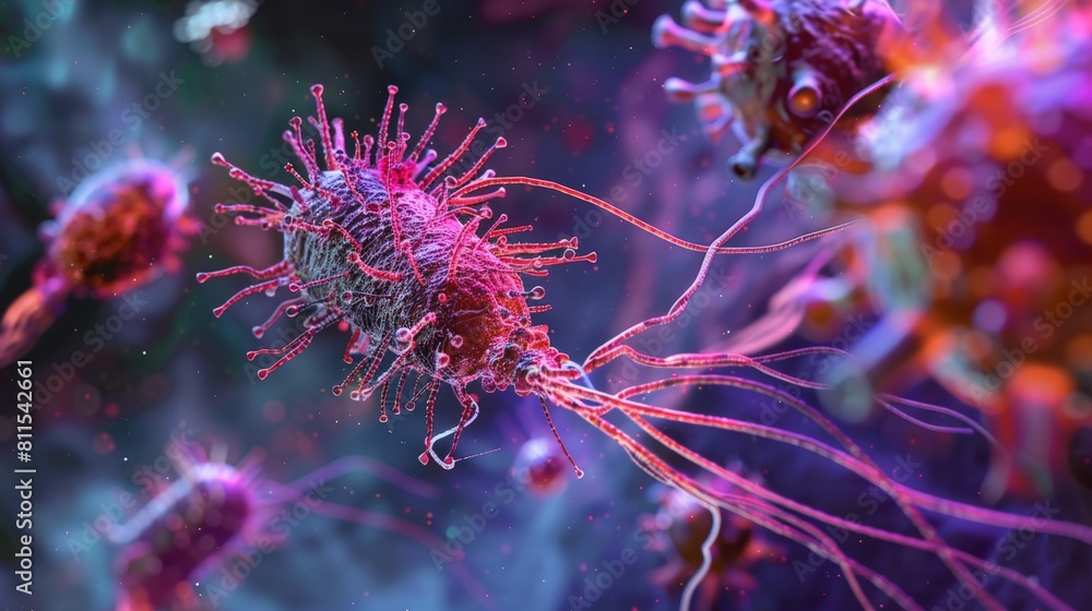 A microscopic image of a bacteriophage virus attacking a bacterial cell ...