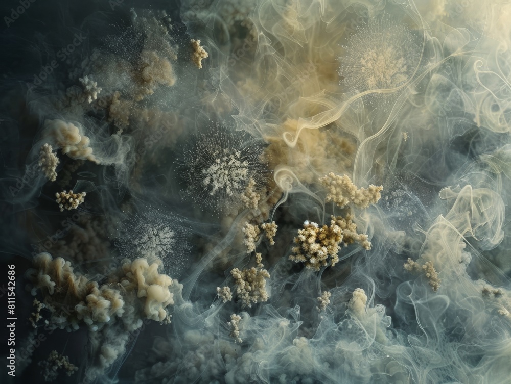 A microscopic landscape of polluted air, depicting a dense fog of smoke ...