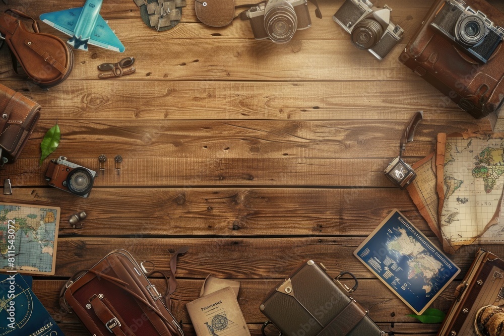 Travel essentials display with suitcases, passports, and global ...