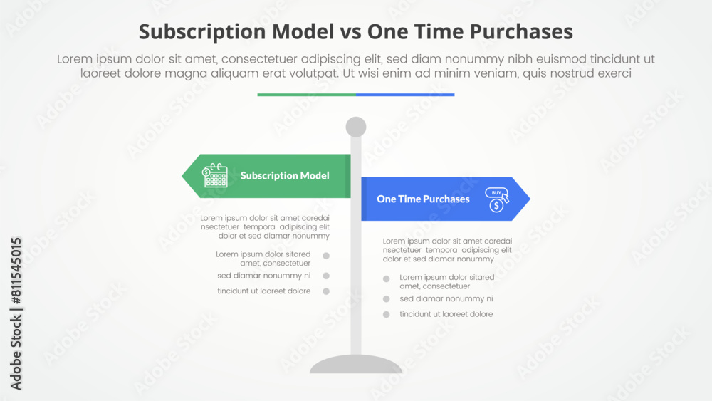 subscription vs one time purchase versus comparison opposite infographic concept for slide ...