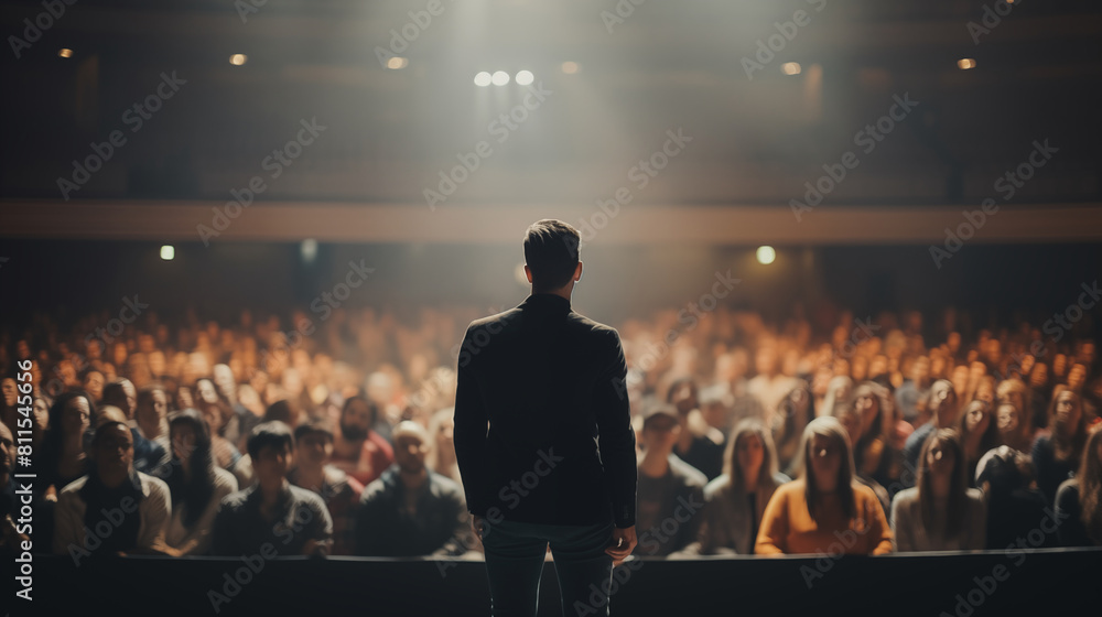 Man stand on stage and presentation to huge group of people in hall ...