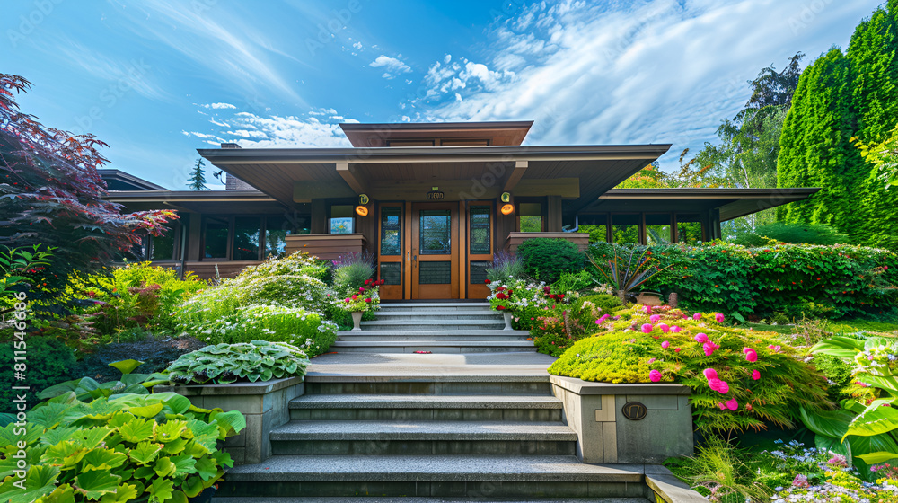 House with nice landscaping of shrubs,Beautiful contemporary home with rich blue sky lush ...