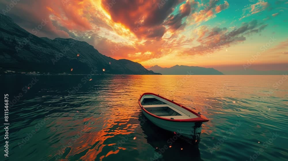 Wooden boat on calm ocean waters by majestic mountains. Serene and ...