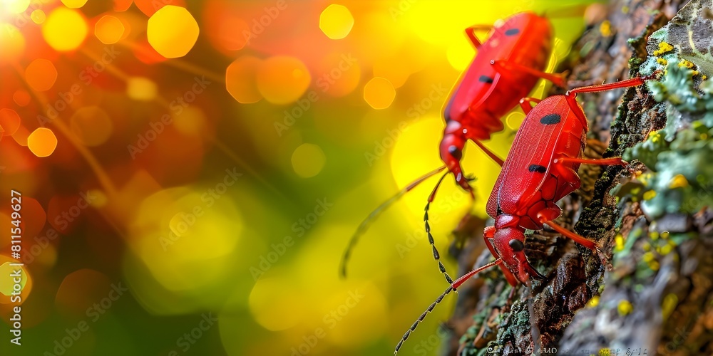 Soldier Beetles: Bright Red Insects Crawling on Tree Trunk for ...