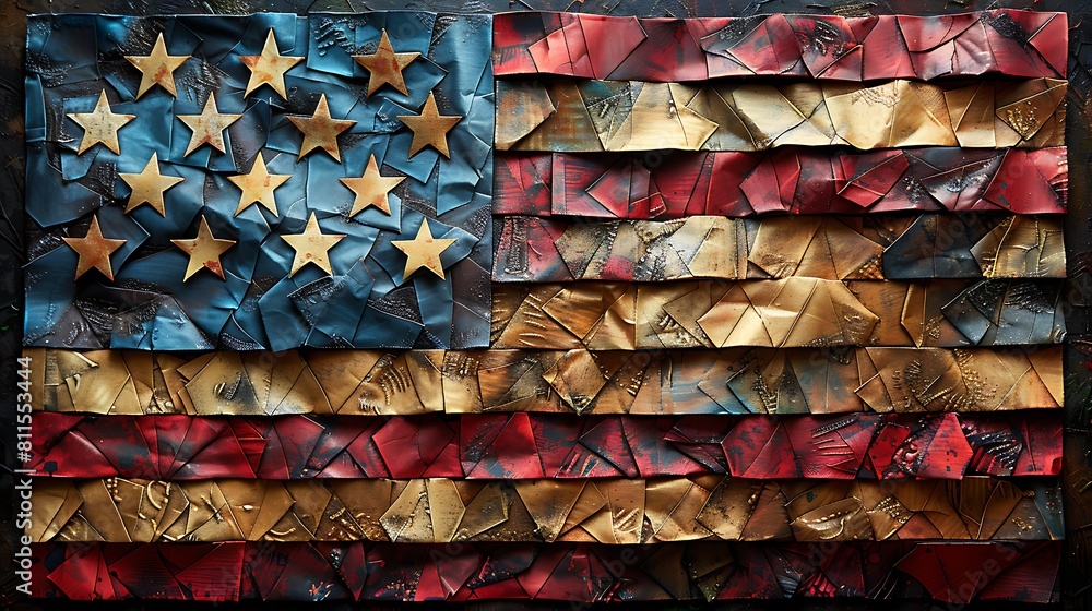 The US flag as an origami collage on a canvas, with each stripe and ...