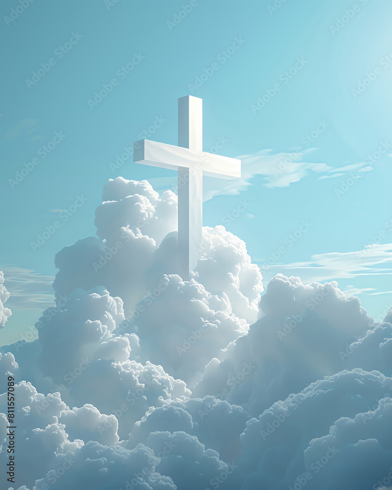 3D graphic of a big Christian cross above clouds, headshot styled on a ...