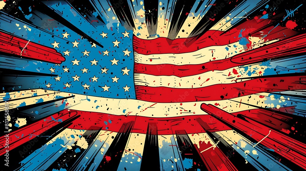 The US flag in dynamic comic book style, with stripes that look like ...