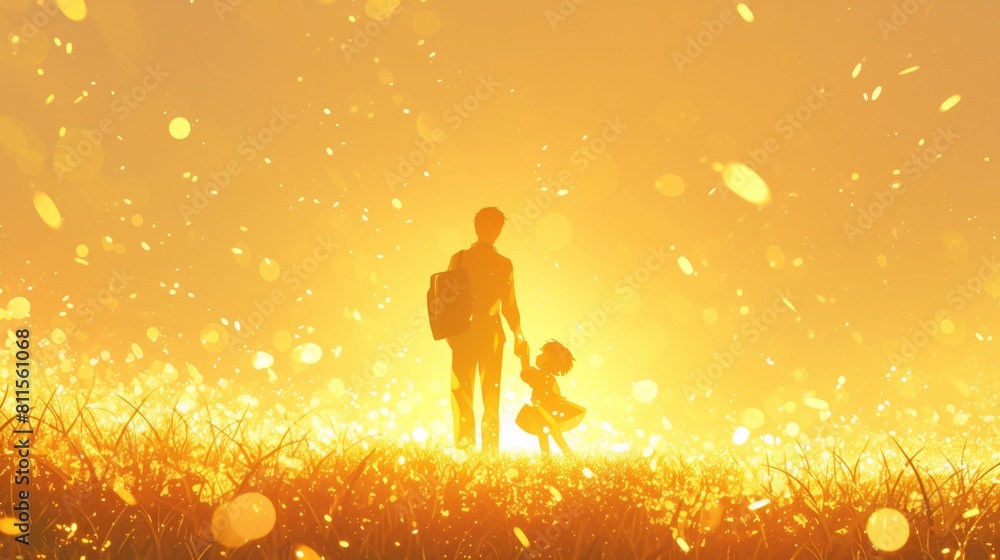 Aurora, rear view of father and child holding hands, back view ...