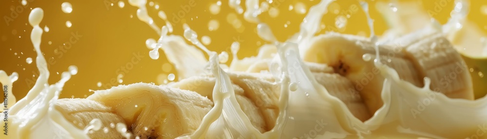 Detailed slow motion footage of banana and milk splashing together ...