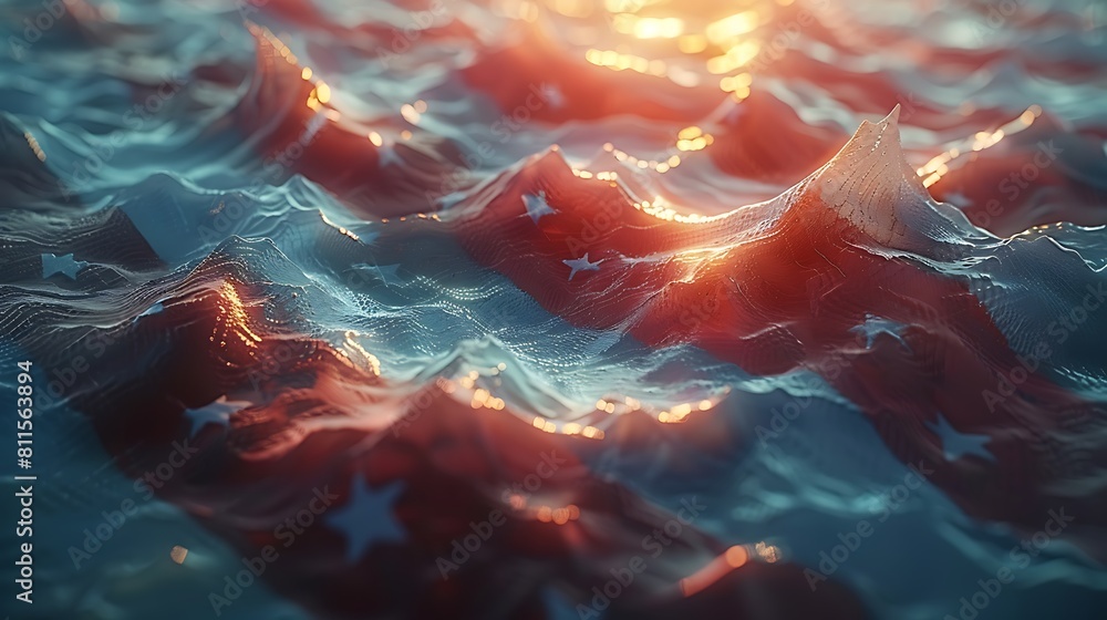 A 3D visualization of the US flag with floating elements that ripple ...