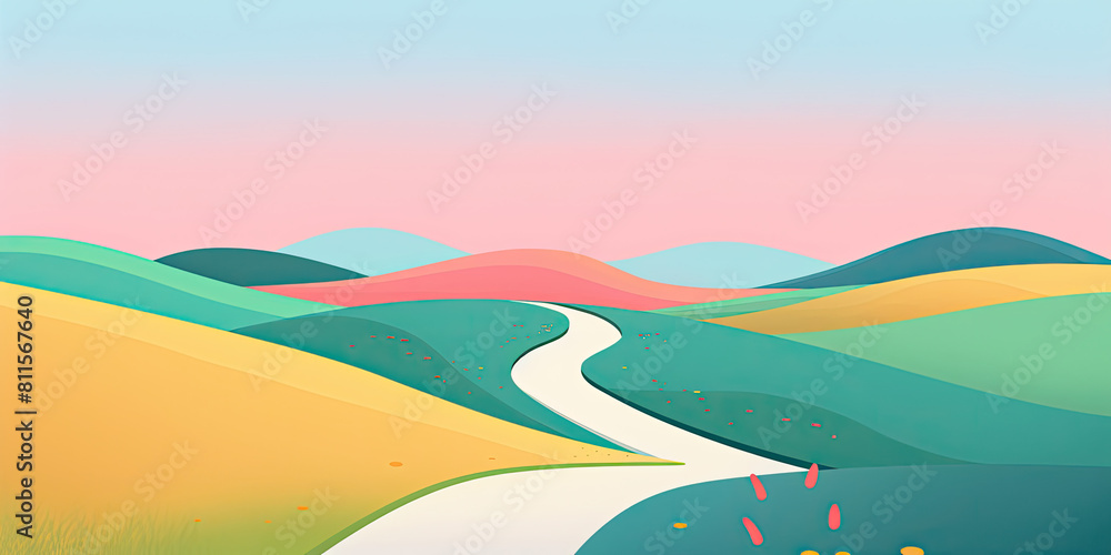 Cartoon style winding path, leading line pathway through beautiful ...