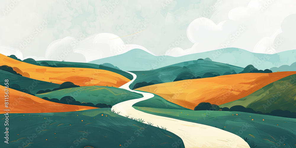 Cartoon style winding path, leading line pathway through beautiful ...