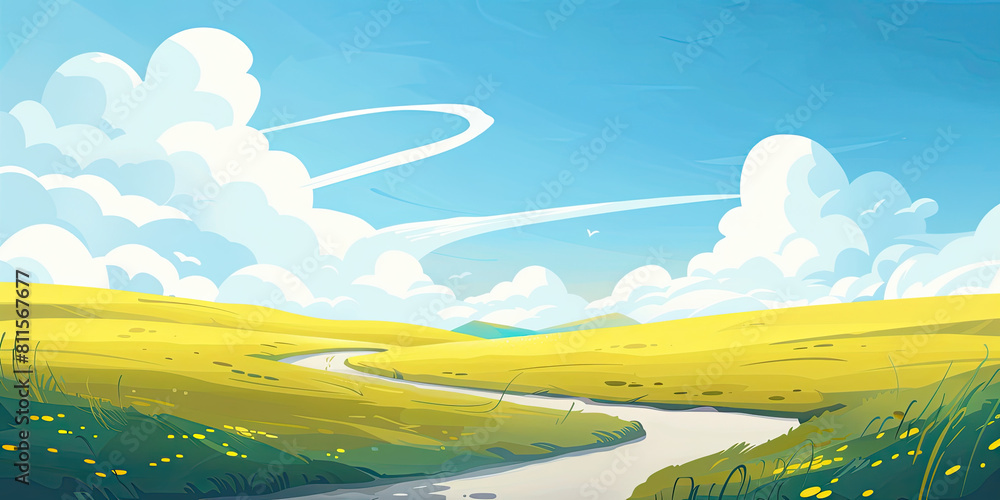 Cartoon style winding path, leading line pathway through beautiful ...