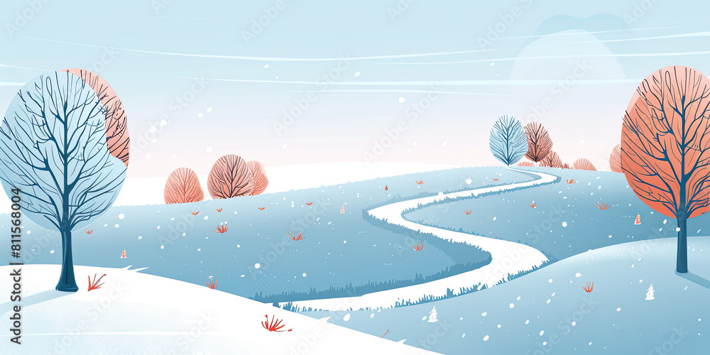 Winter cartoon landscape, snowing scene illustration winding path ...
