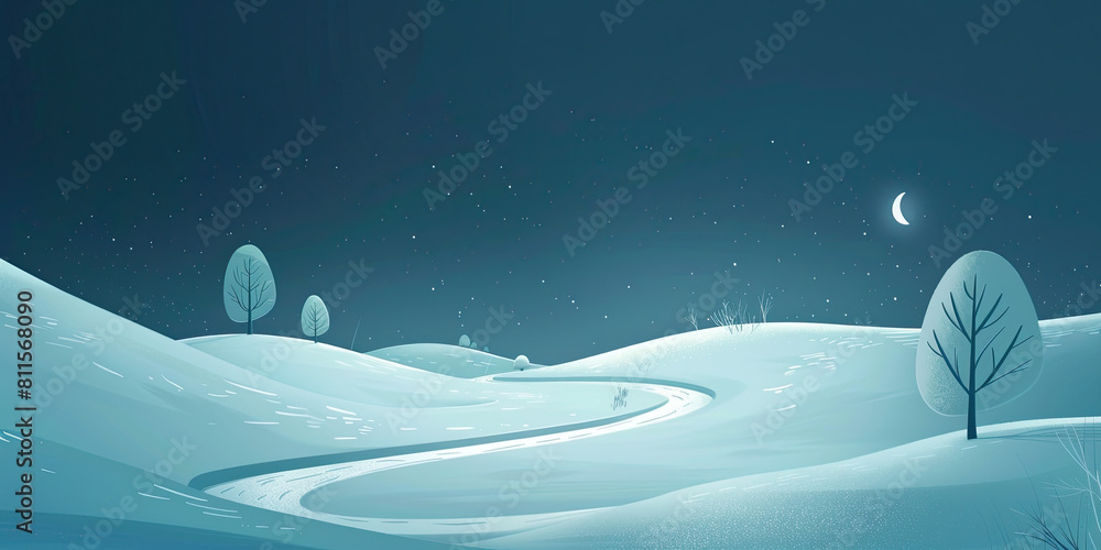 Winter cartoon landscape, snowing scene illustration winding path ...