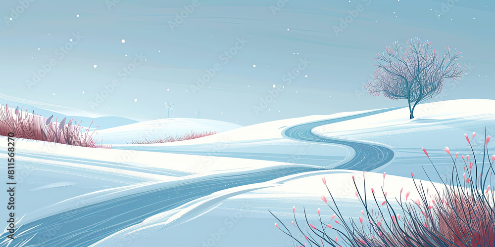 Winter cartoon landscape, snowing scene illustration winding path ...